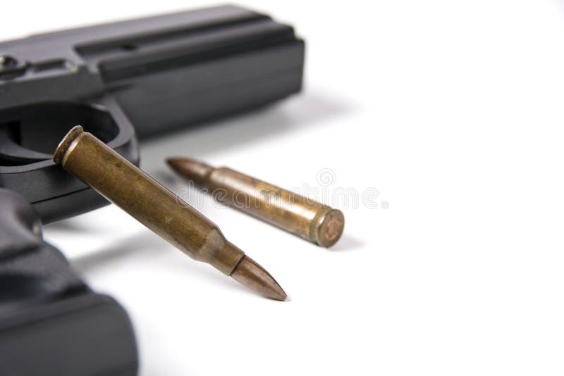 Hand Gun Sitting With M-16 Bullets Isolated On White Stock Photo ...