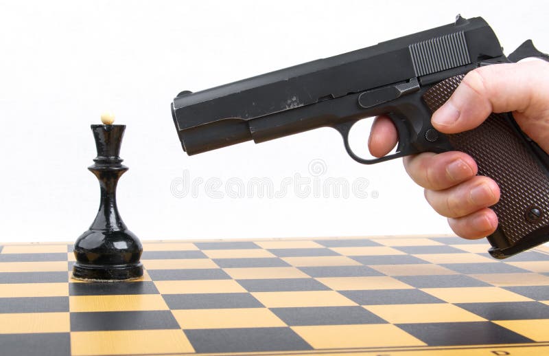 Hand with Gun Took Aim at Chess Piece Stock Image - Image of queen ...