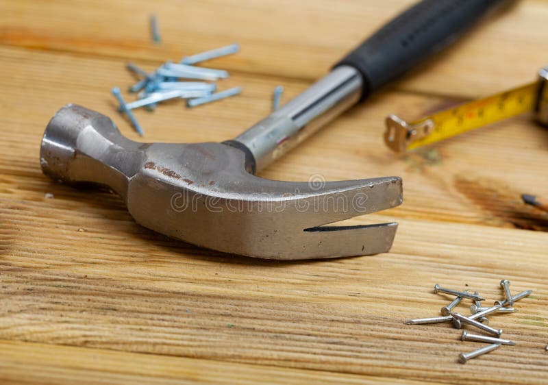 Hand Hammer for Building Works on Wooden Table Stock Image - Image of ...