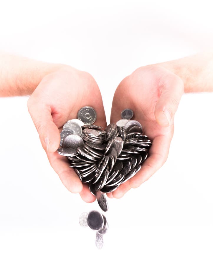 Hand with a Handful of Coins Isolated on White Background Stock Image ...