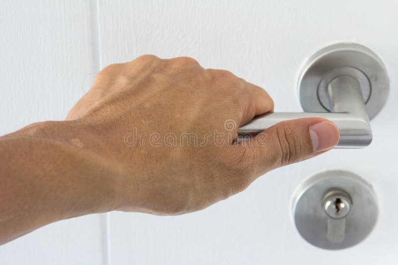 Hand on a Handle Wooden Door Stock Image - Image of front, handle: 49491997