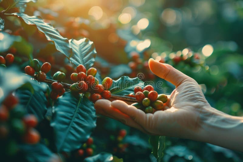 Hand Harvesting Coffee Beans from Coffee Plant, Nature Light. Stock ...
