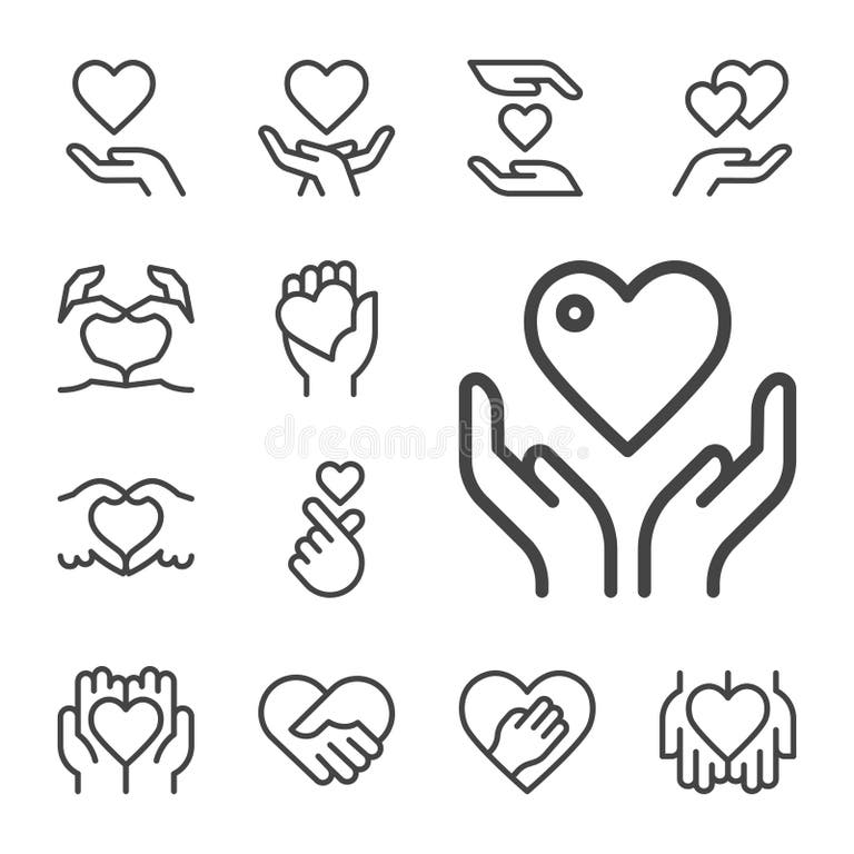 Hand with Heart Line Icon Set Stock Vector - Illustration of help ...