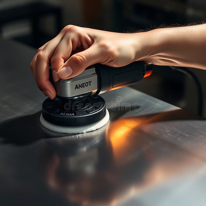 A Hand Held Electric Buffer Tool Polishing a Metal Surface with Soft ...