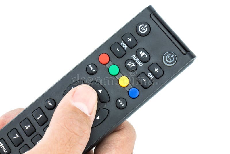 Hand Held with Remote Control Pointing Forward on White Background ...