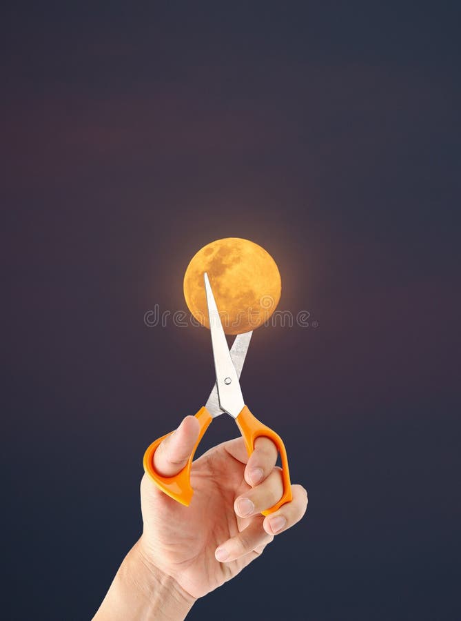 Hand Held Scissors, Cut the Red Moon. Stock Photo - Image of cloud ...