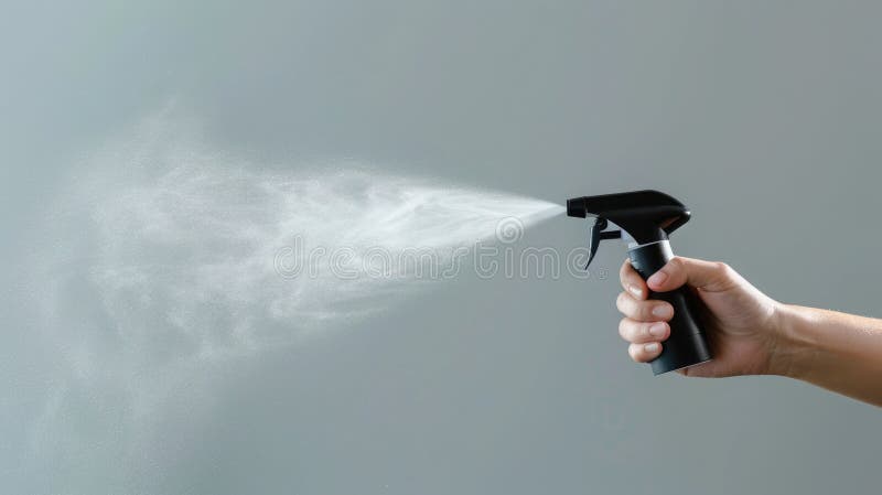 Hand-held Spray Bottle Misting a Shiny Surface, Demonstrating Effective ...