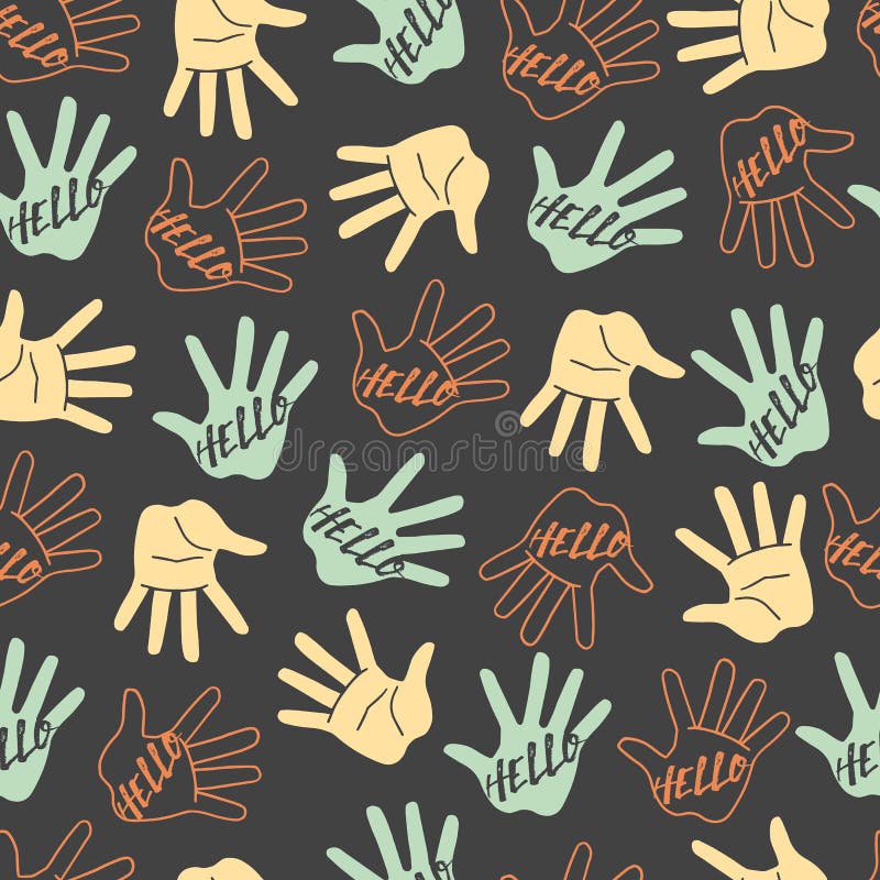 Hand and Hello Greeting Abstract Vector Silhouette Seamless Pattern ...