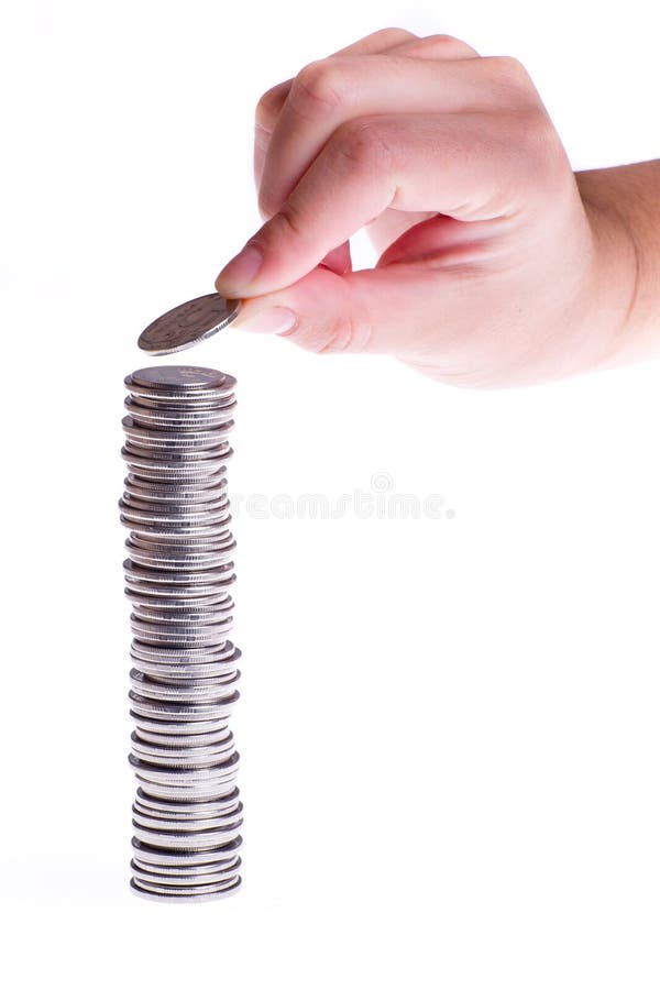 Hand and High Stack of Coins Stock Photo - Image of metal, abundance ...