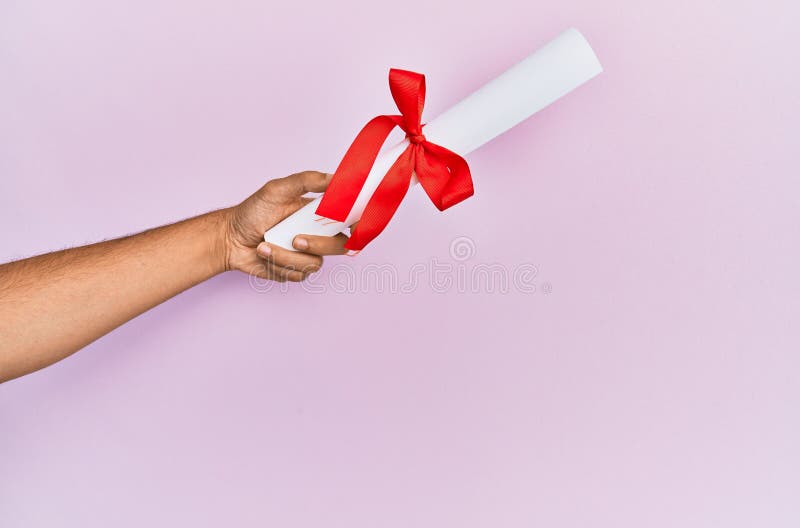 Hand of Hispanic Man Holding Graduated Diploma Over Isolated Pink ...