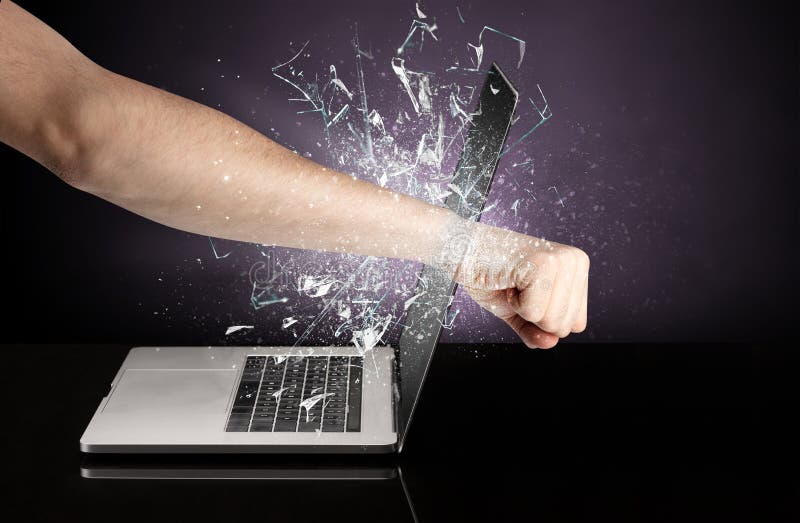 Hand Hitting Laptop Screen Screen Stock Image - Image of dark, break ...