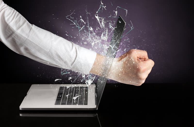 Hand Hitting Laptop Screen Screen Stock Photo - Image of aggressive ...