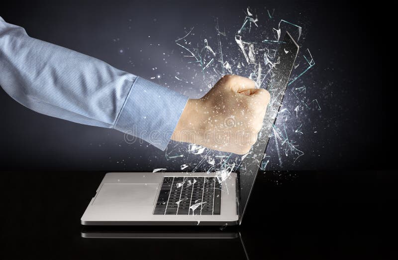 Hand Hitting Laptop Screen Screen Stock Photo - Image of equity ...