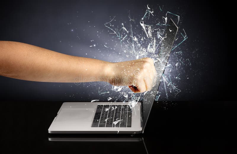 Hand Hitting Laptop Screen Screen Stock Image - Image of office ...