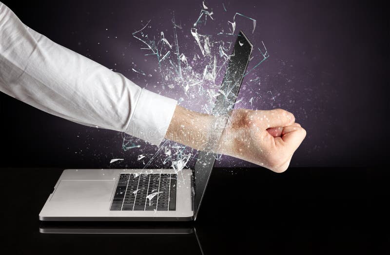 Hand Hitting Laptop Screen Screen Stock Image - Image of fist, office ...