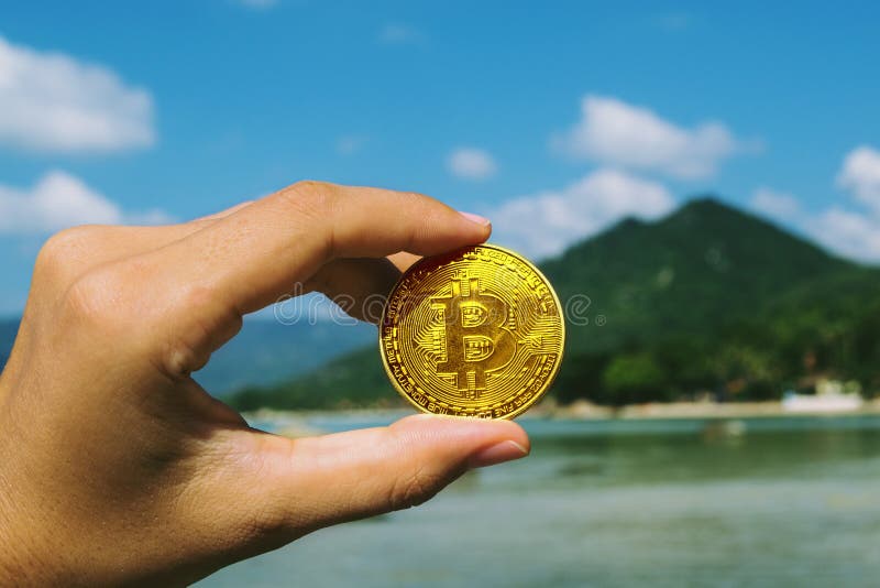 Hand is Hold Bitcoin Gold Color Stock Photo - Image of economy ...