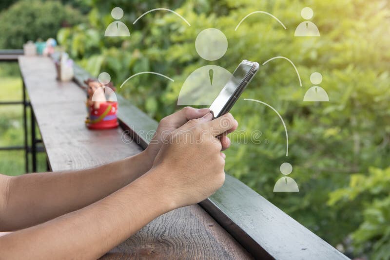 Hand Hold Cell Phone Connect People with Human Icon. Commucation ...