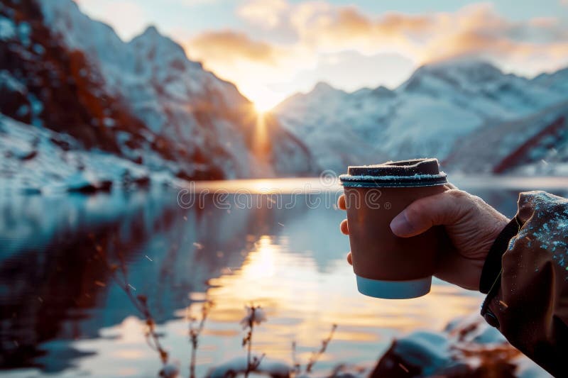 Hand Hold a Cup of Coffee with a View of a Snowy Mountain Landscape ...