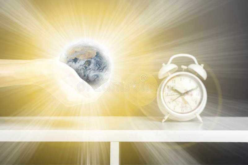 Hand Hold Earth Near Alarm Clock. Earth Hour Concept B Stock Photo ...