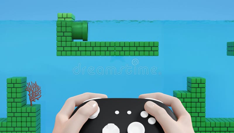 Hand Hold Game Controller with Arcade Video Game Background 3D Render ...