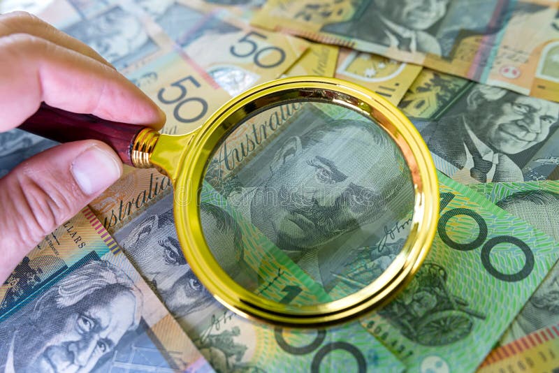 Hand Hold Magnifying Glass with Aud Australian Money Stock Photo ...
