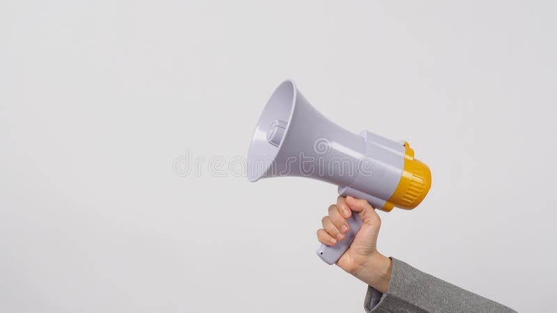 Hand is Hold Megaphone and Wear Grey Suit on White Background Stock ...