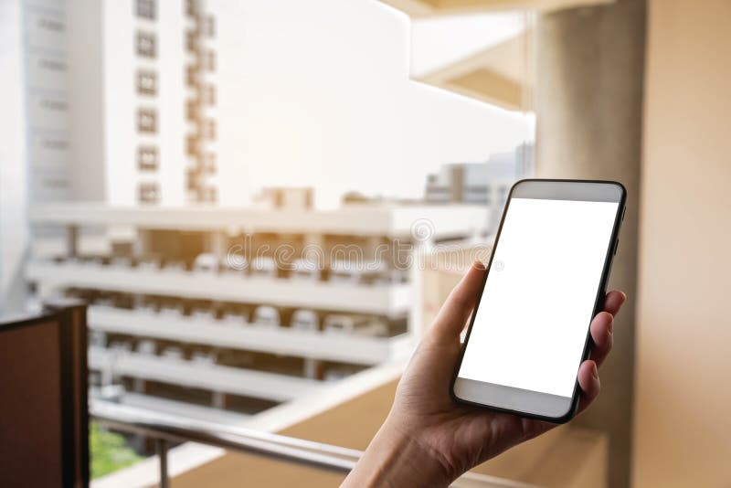 Hand Hold Mobile Phone. Mock Up on Screen Stock Image - Image of scree ...