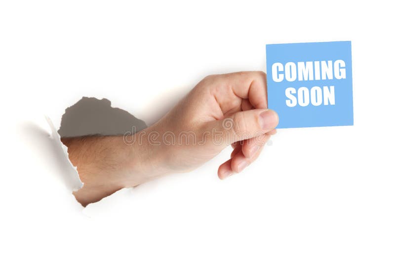 Hand Hold Paper with Coming Soon. Announcement of Launch Stock Image ...