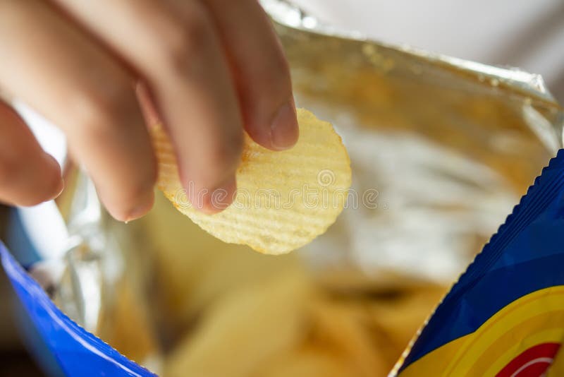 Hand Hold Potato Chips with Snack Bag Stock Image - Image of crispy ...