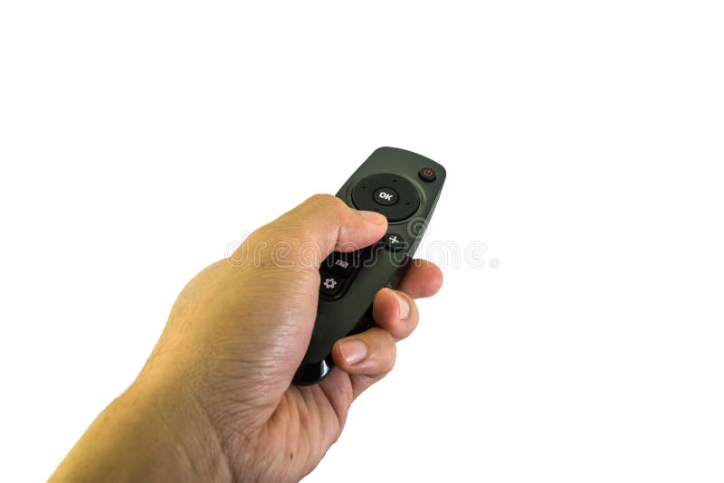 Hand Hold Remote Control and Pressing Button on White Background Stock ...