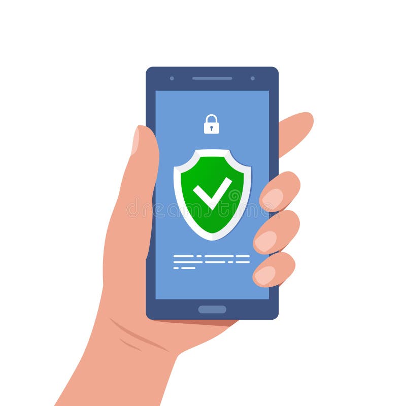 Hand Hold the Smartphone with Green Shield on Screen. Web Access ...