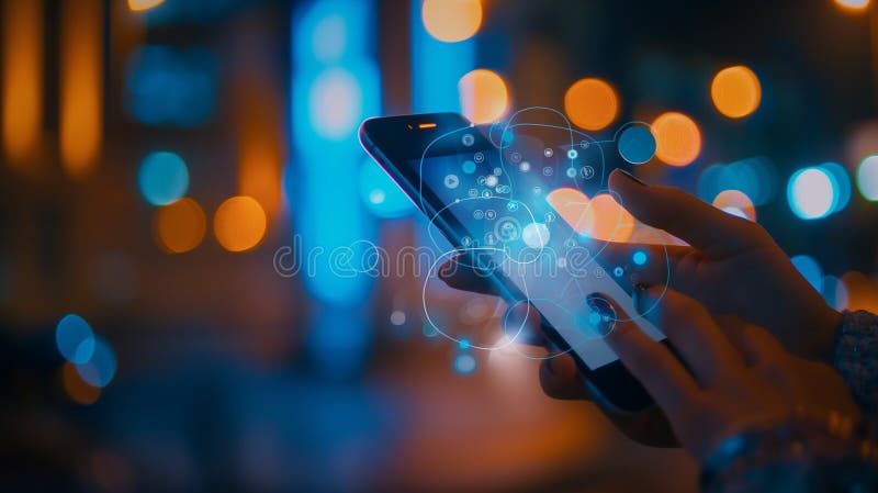 Hand Hold Smartphone Play Social Media with Communication Icon. Stock ...