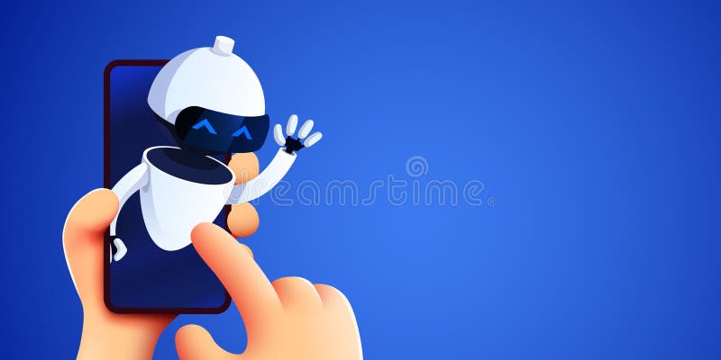 Hand Hold Smartphone with Robot. Chatbot or AI Concept Stock Vector ... Hand Hold Smartphone with Robot. Chatbot or AI Concept Stock Vector ...