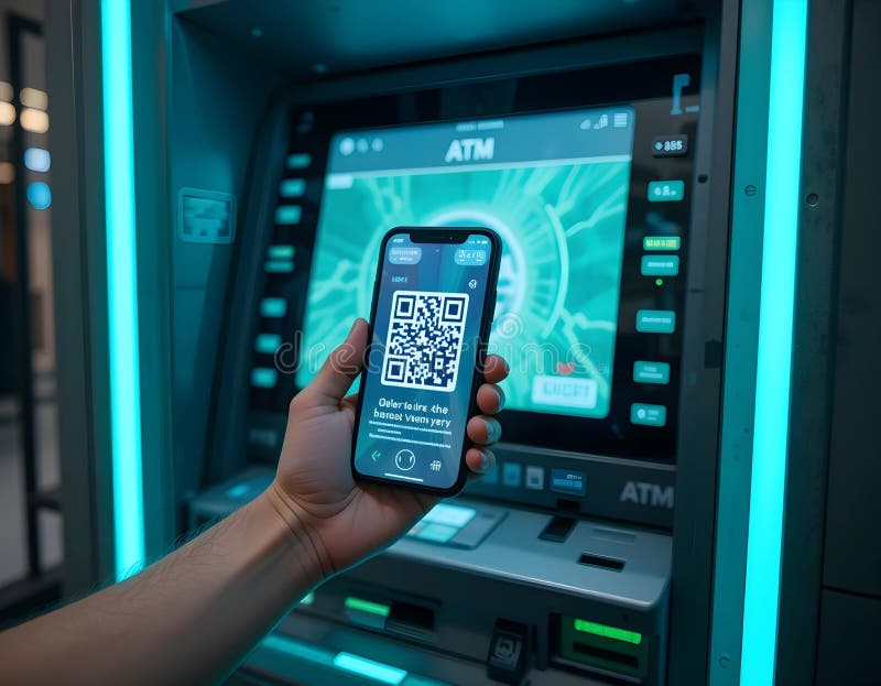Hand Hold Smartphone Scanning QR Code at ATM Stock Illustration ...