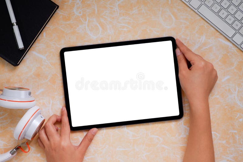 Hand Hold and Use Digital Tablet White Screen on Workspace Stock Image ...