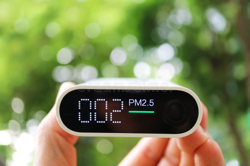 Hand Holding Air Pollution Sensor Measuring Air Quality in the Garden ...