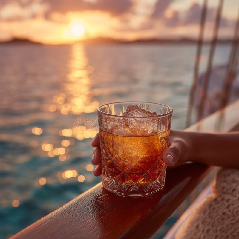 Hand Holding Amber Cocktail at Sunset on Yacht Stock Illustration ...