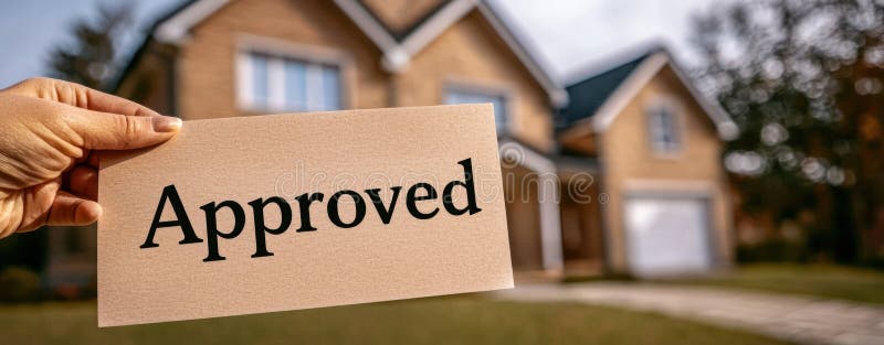 Hand Holding Approved Sign in Front of House, Celebrating Success Stock ...