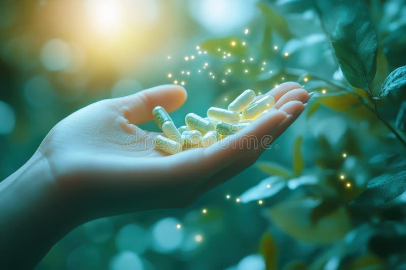 Hand Holding Assorted Capsules Surrounded by Green Foliage with a ...