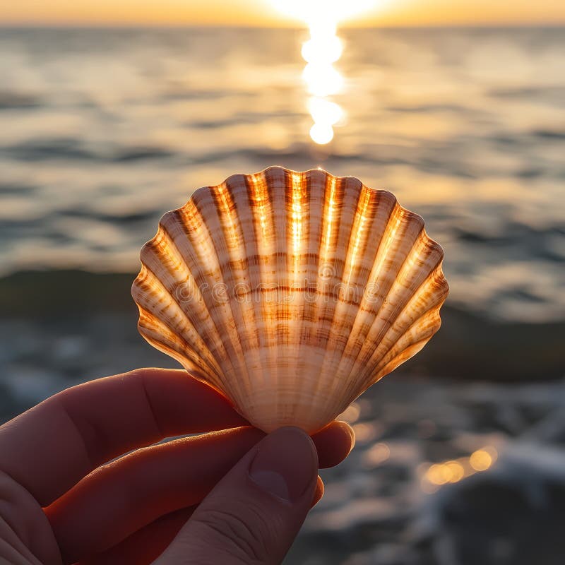 Hand Holding Beautiful Seashell at Sunset on the Beach Stock Image ...