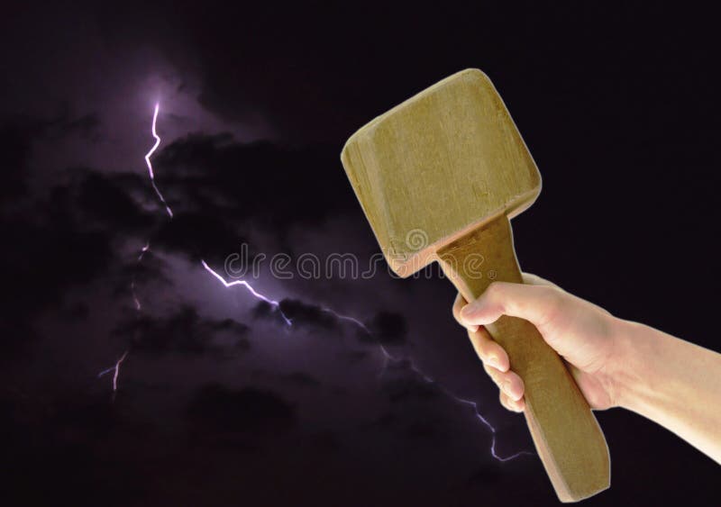 Hand Holding Big Wooden Hammer on Thunderbolt in Night Background Stock ...