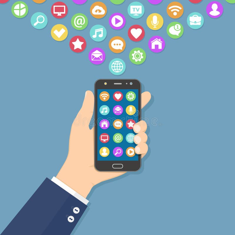 Hand Holding Black Smart Phone with Colorful Application Icons on the ...