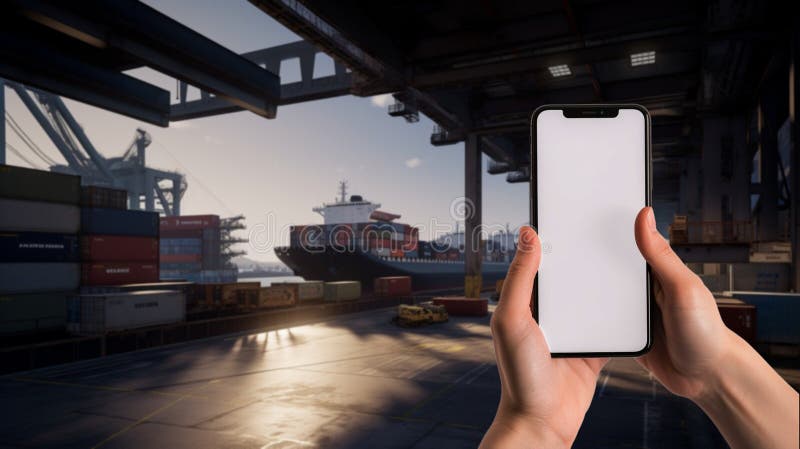 Hand Holding the Black Smartphone on Foreground of Huge Container Cargo ...