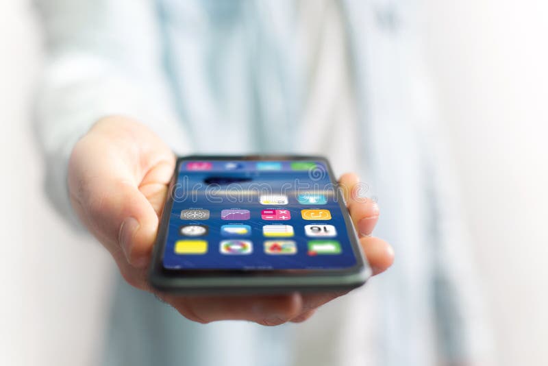 Hand Holding Black Smartphone with Operating System Screen Stock Image ...