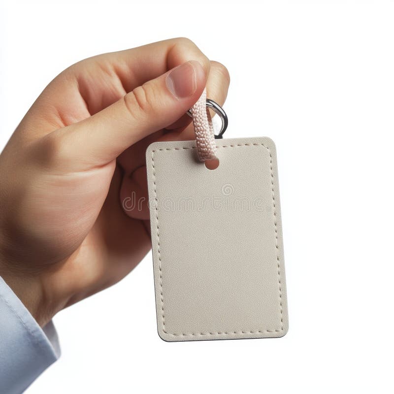 Hand Holding a Blank Beige Keychain with Stitching Detail Stock ...