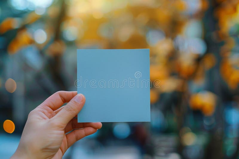 Hand Holding Blank Blue Paper with a Soft Bokeh Background Stock ...