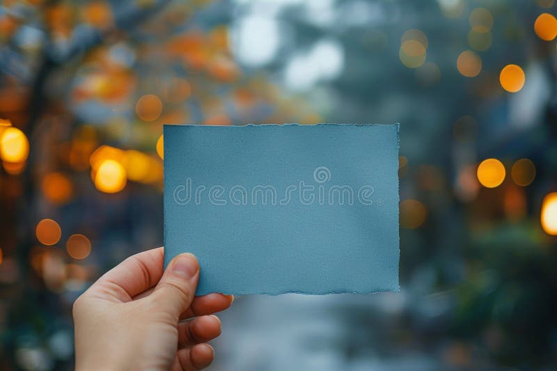 Hand Holding Blank Blue Paper with a Soft Bokeh Background Stock ...