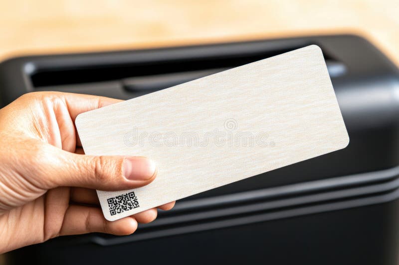 Hand Holding Blank Card with Qr Code Near Black Shredder Stock Image ...