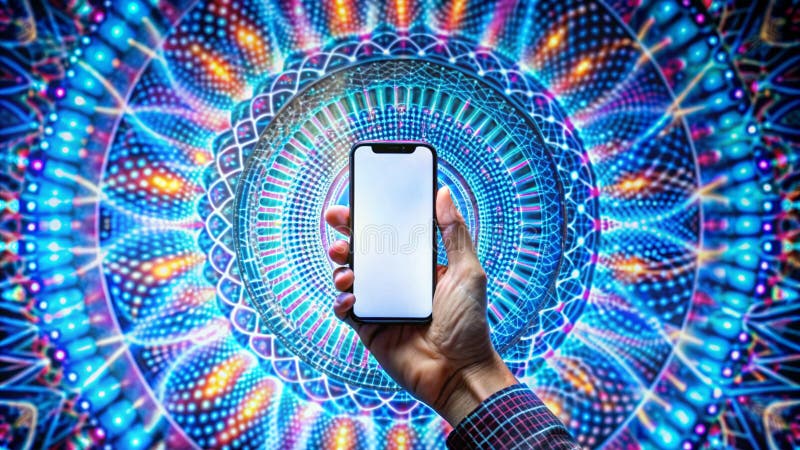 A Hand Holding a Blank Screen Smartphone in Mandala Background Stock ...