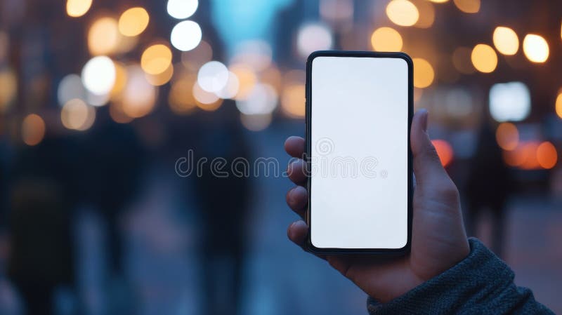 Hand Holding a Blank Smartphone Against a Blurred City Backdrop Stock ...
